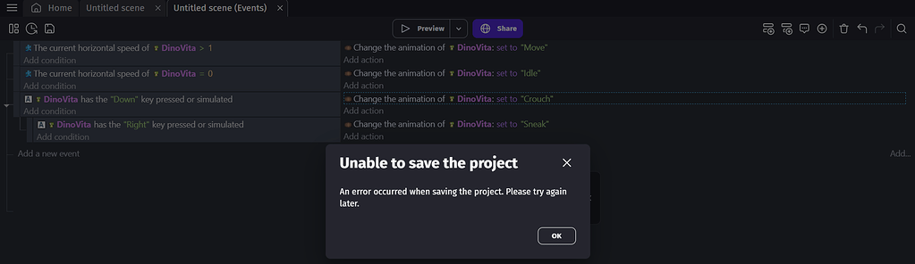 Online editor, unable to save project - Bugs reports - GDevelop Forum