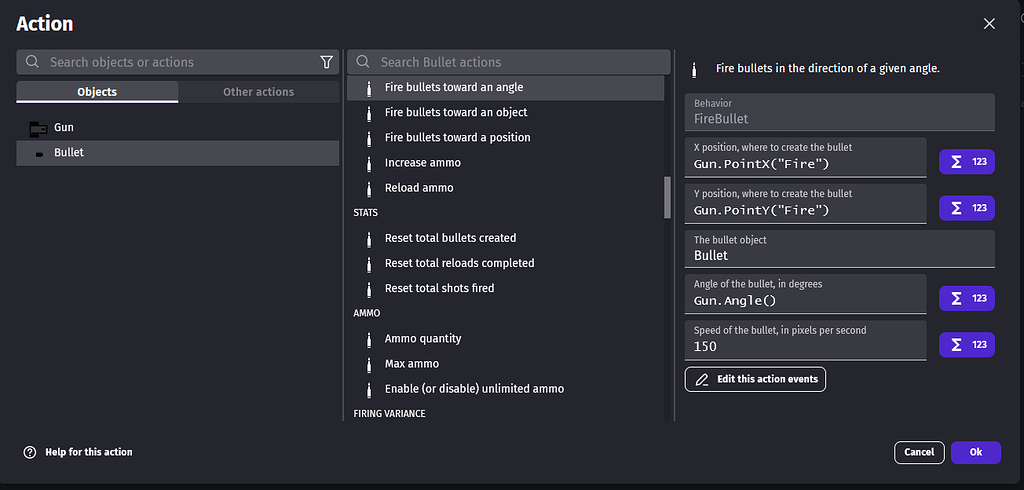 [SOLVED] How to make a bullet fly using "FireBullet"? - How do I...? - GDevelop Forum