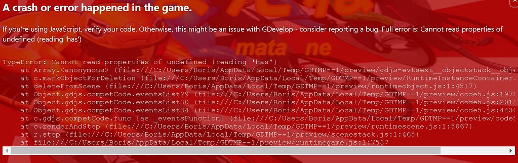 Crash or Error occured, what it is? - Bugs reports - GDevelop Forum