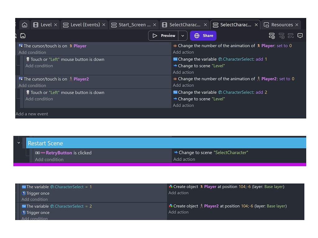Respawn not happening after Restarting to Character Select - How do I...? - GDevelop Forum