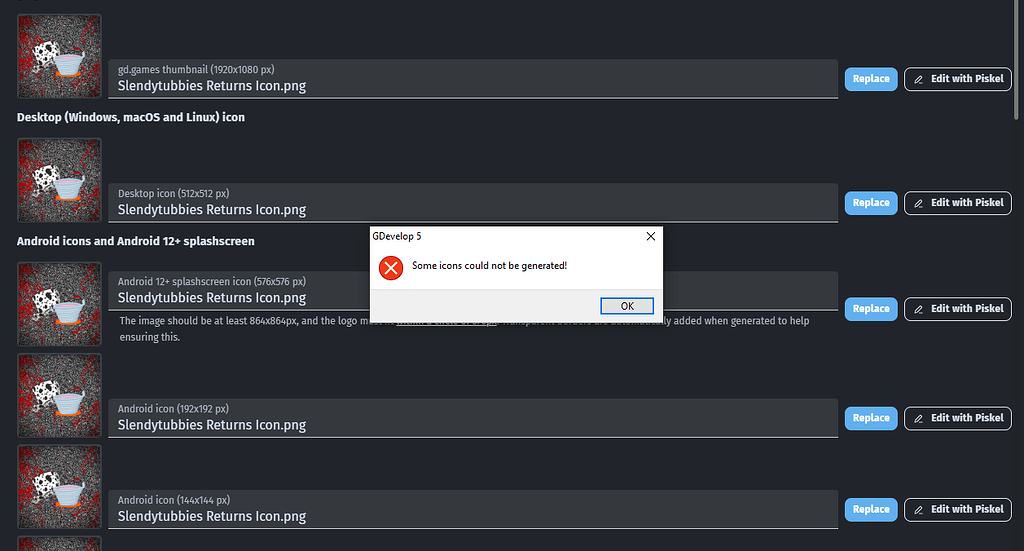 "Some icons could not be generated!" When generating icons from a file - Bugs reports - GDevelop ...