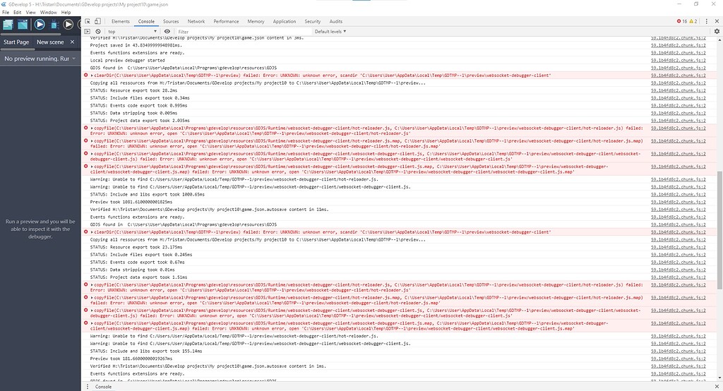Debugger and live preview no longer work due to corrupted files - Bugs reports - GDevelop Forum
