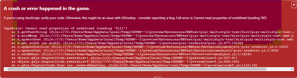 A crash or error happened in the game - Bugs reports - GDevelop Forum
