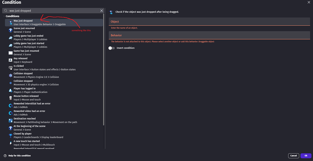 Add a "was just dropped" condition for draggable physics objects - Feature requests - GDevelop Forum
