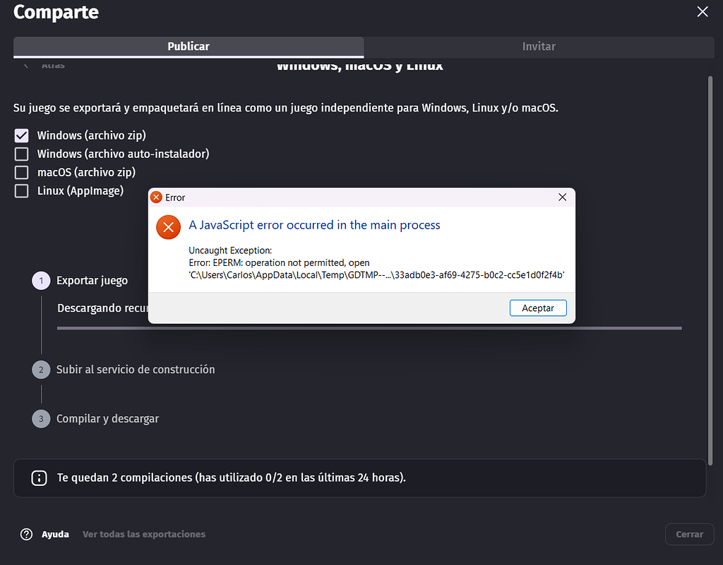 Error al exportar mi juego/ Error when i export my game - Bugs reports - GDevelop Forum