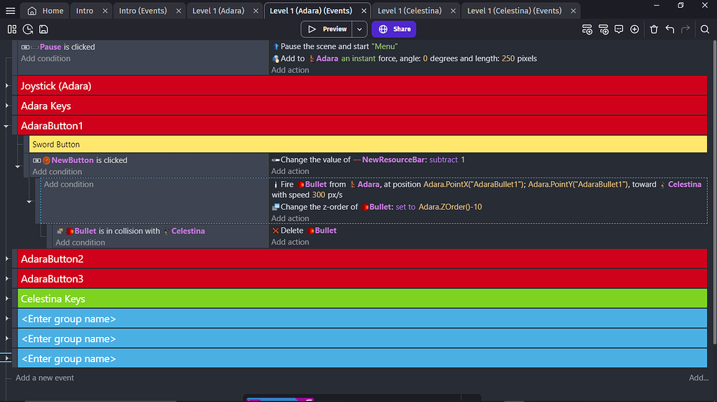 How do I make the bullet object fire at my enemy character and delete it after a collision ...