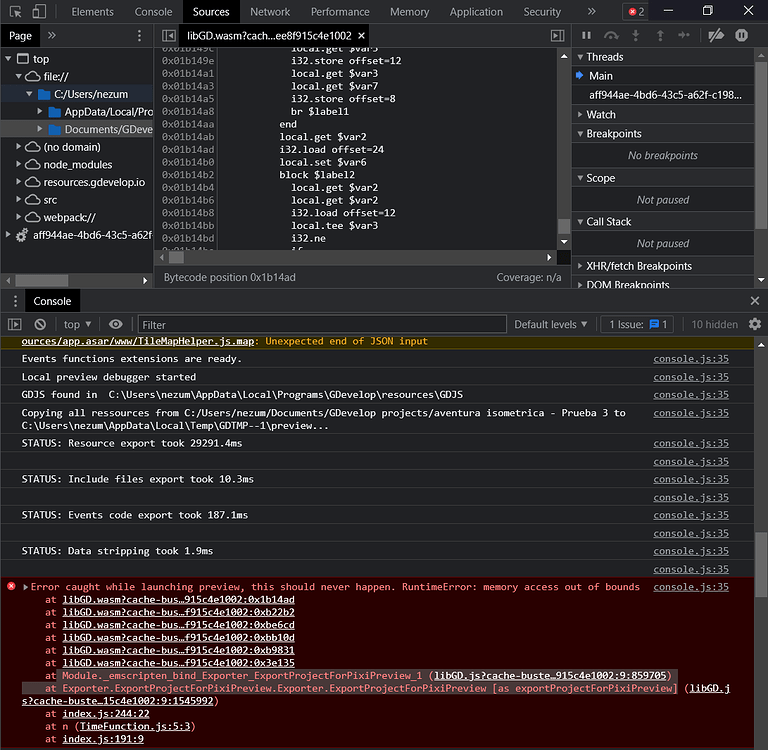 RuntimeError: memory access out of bounds (Solved) - Bugs reports - GDevelop Forum