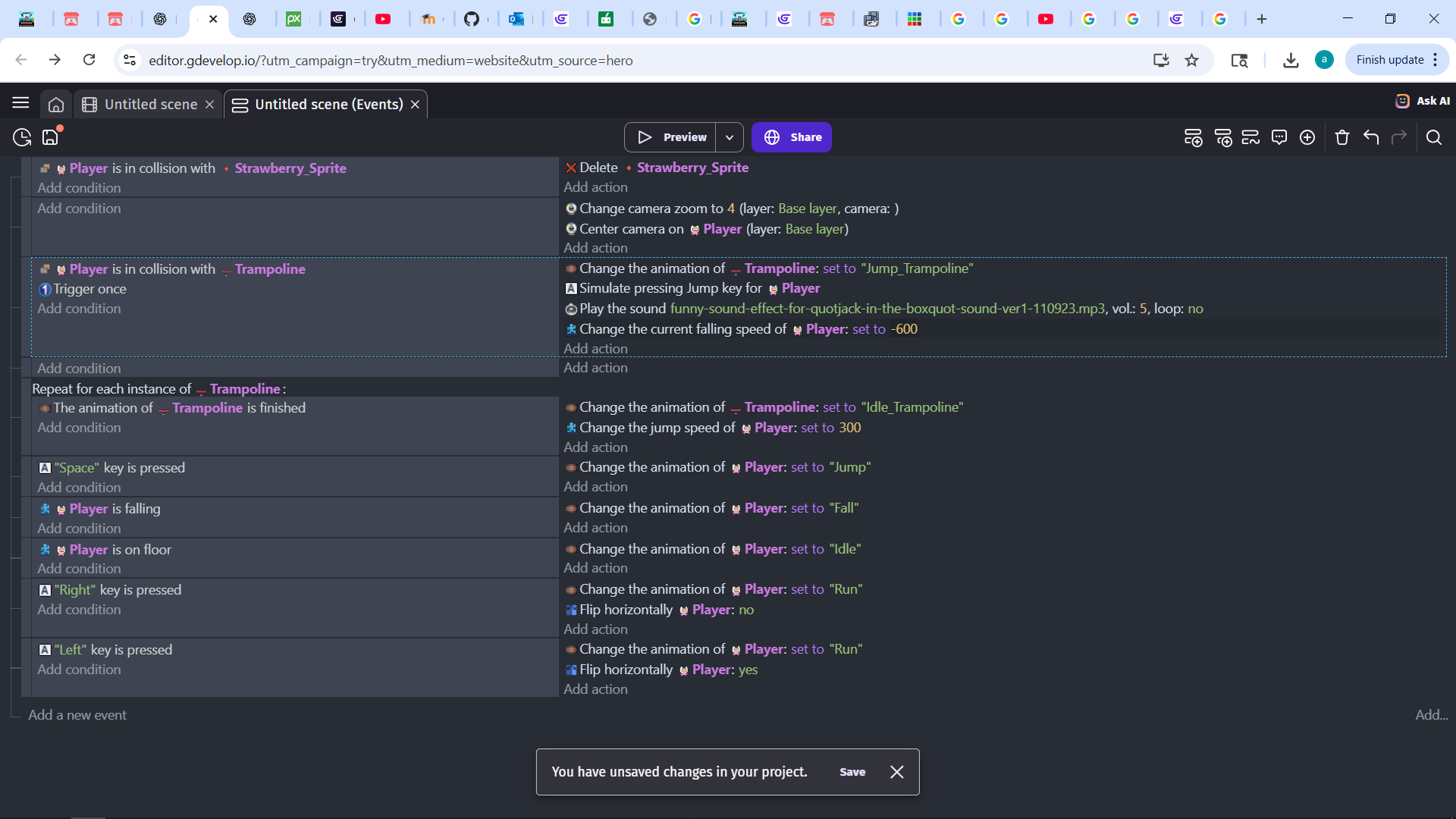 Character not bouncing up when jumping on trampoline - How do I...? - GDevelop Forum