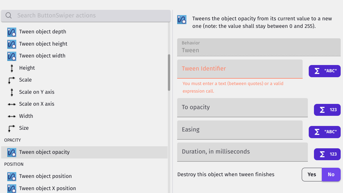 How to I create an action for changing the opacity? - How do I...? - GDevelop Forum