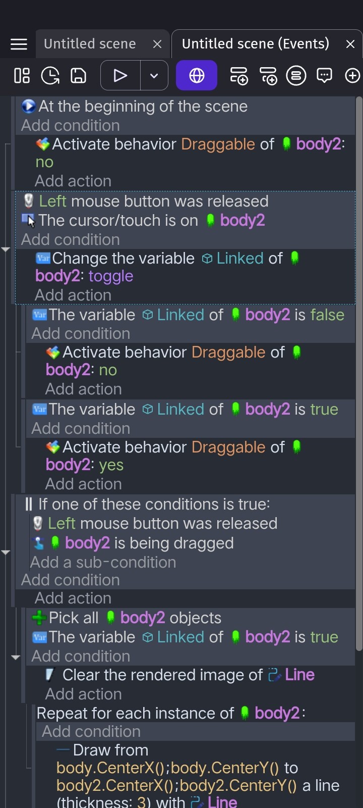 (Solved) Drag objects using a line (shape painter) - How do I...? - GDevelop Forum