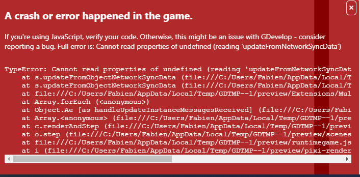 Crash with new multiplayer feature - Bugs reports - GDevelop Forum